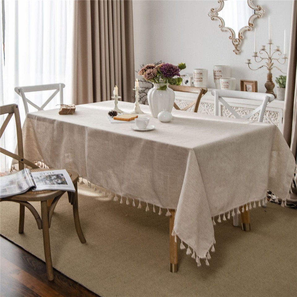 Beige Linen Tablecloth Tassel Fringe Table Cloth Cover Dining Kitchen ...