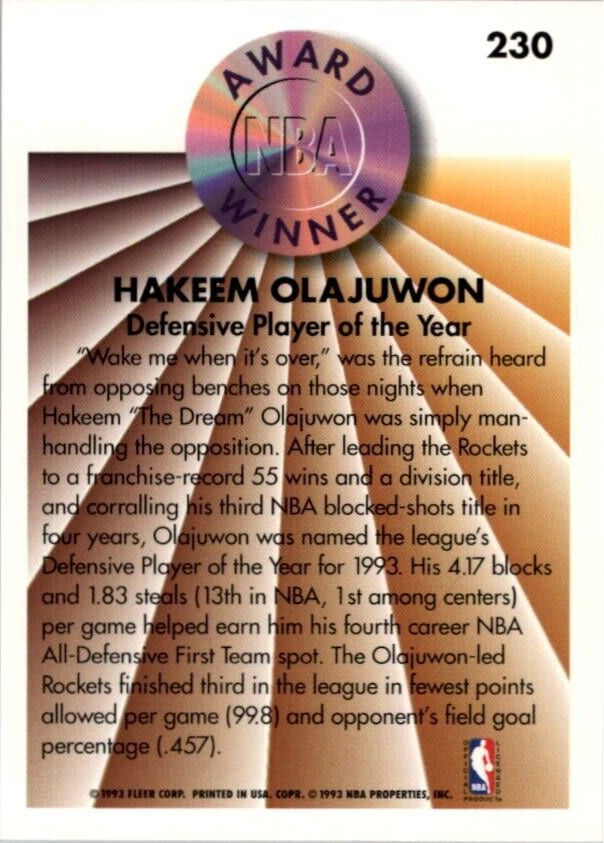 Hakeem Olajuwon-Houston Rockets-1993-94 Fleer Basketball Award Winner ...