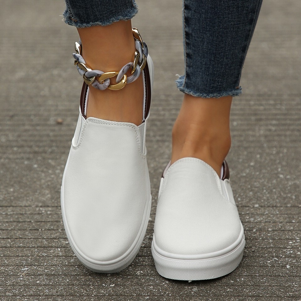 Ladies Womens Slip On Casual Low Top Canvas Sneakers Comfy Walking ...