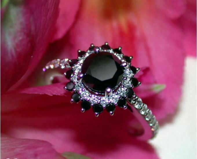 2Ct Round Lab Created Black Diamond Halo Engagement Ring 14K White Gold ...