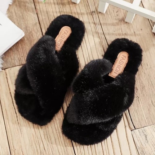 Luxury Faux Fur Criss-Cross Slippers | eBay