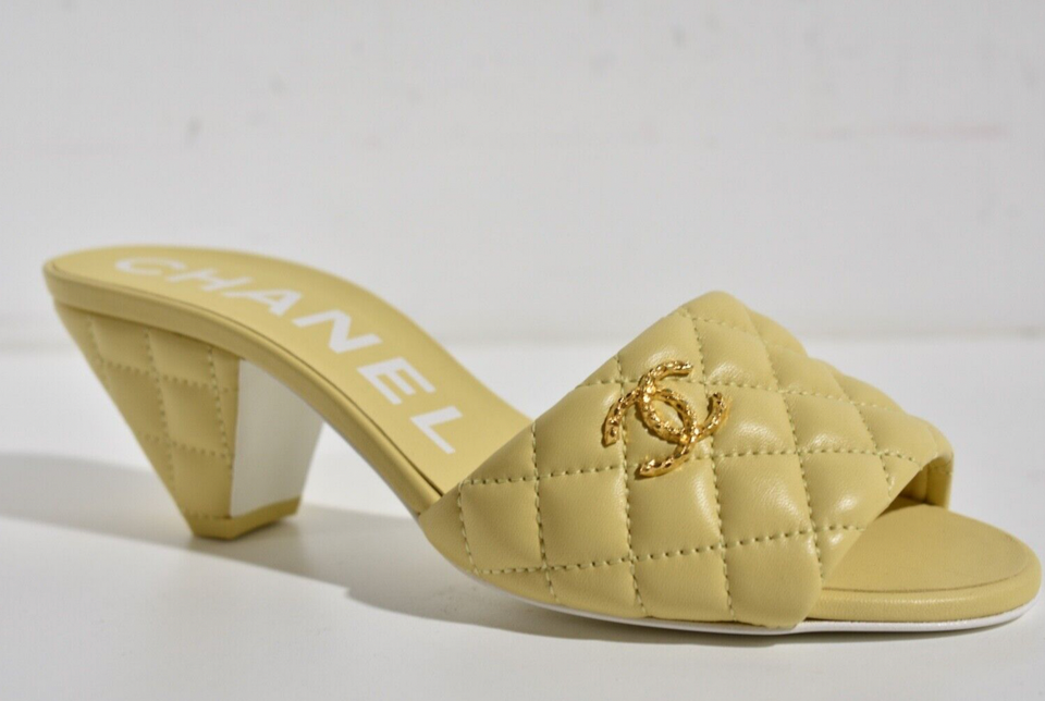 Chanel 22P Yellow Lambskin Quilted CC Gold Logo Cone Heel Mule Slide ...