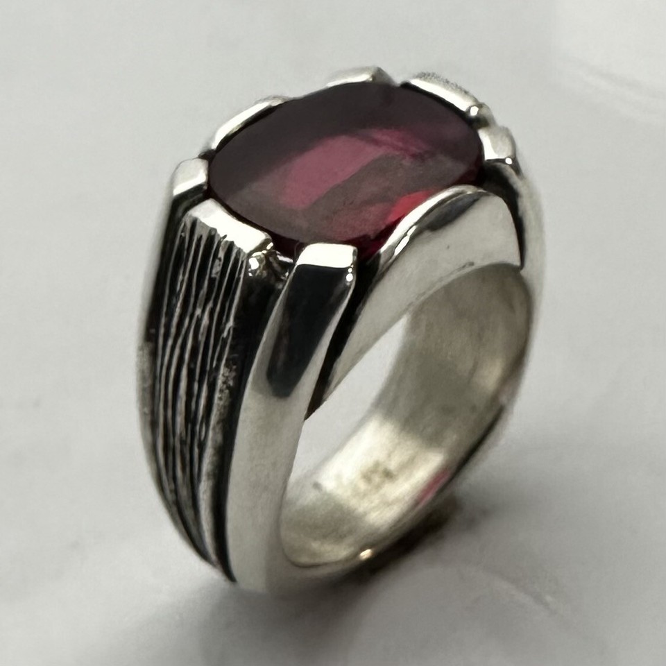 MJG STERLING SILVER MEN'S RING. 12 X 14mm ANTIQUE CUSHION LAB RUBY ...