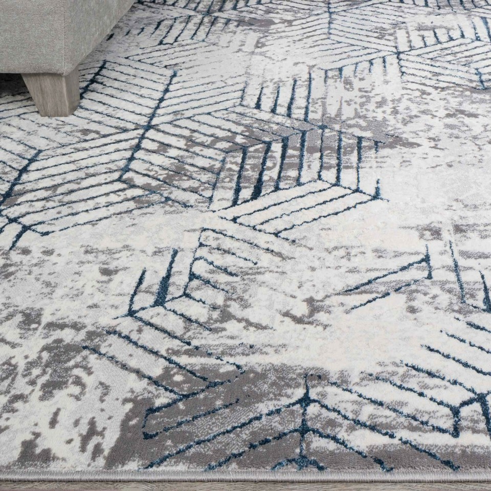 Striking Blue & Grey Living Room Rug Light Metallic Sheen 3D Pile ...