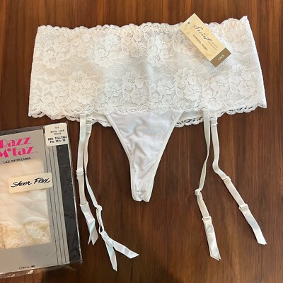 Women's XL Garter Belt Tummy Control Thong Shapewear White Lace & 3 Pr ...