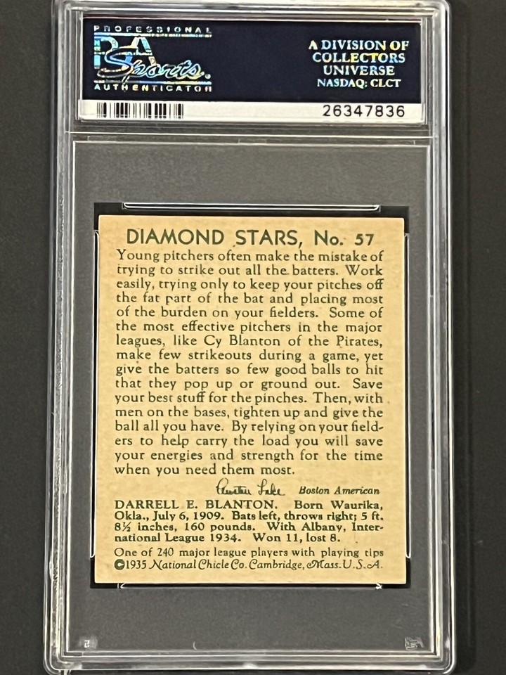 1935 Diamond Stars Pittsburgh Pirates Cy Blanton RC #57 - Sharp PSA 7 ...