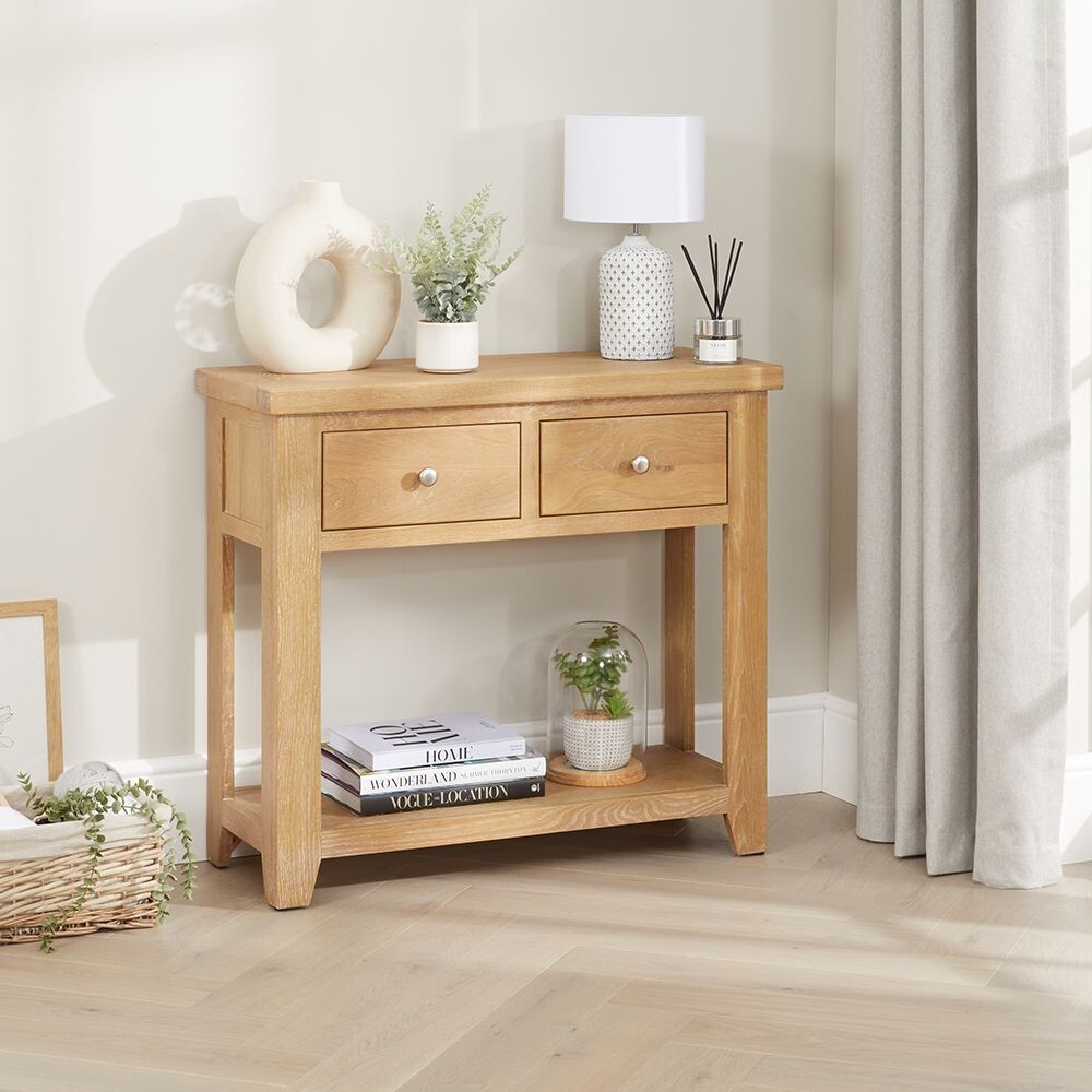 Cheshire Limed Oak 2 Drawer Hall Console Table -Living Room Storage ...