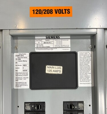 SIEMENS 250 MAX 125 AMP 208/120 VOLT 3 PHASE 4 WIRE MAIN LUG PANEL w ...