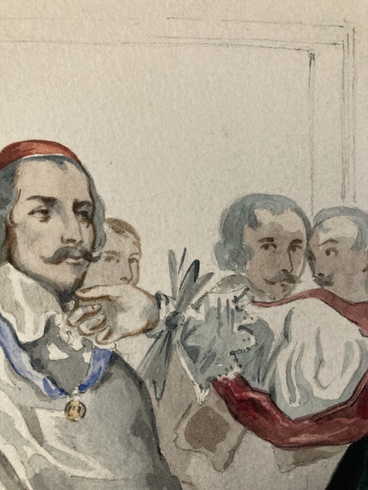 Watercolor Paintings on Paper 1842 Louis XIII Mazarin Draped Fabrics To ...