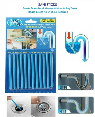 Sani Sticks Drain Cleaner Kitchen Bath Sink Cleaning Odour Dirt remover ...