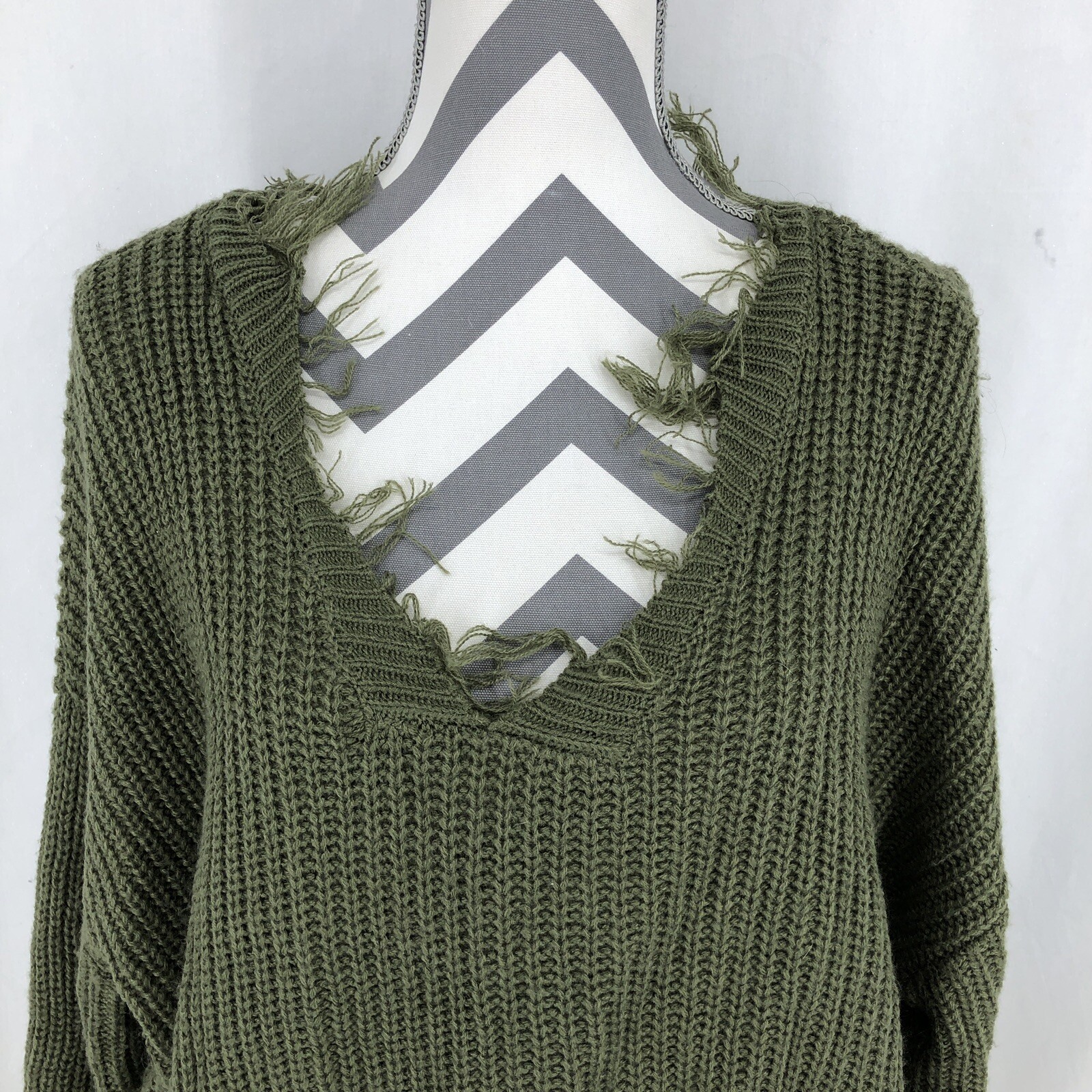 Polly & Esther Destructed Frayed Edge V-Neck Long Sle… - Gem