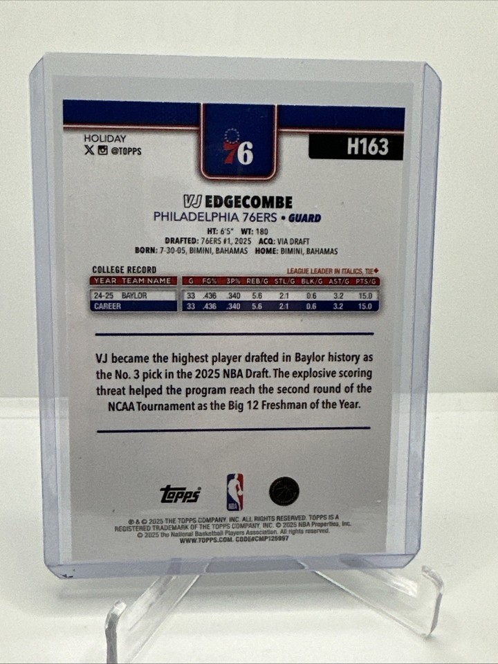 VJ Edgecombe 2025-26 Topps Rookie Card #203 Topps Flagship RC 76ers RC | eBay