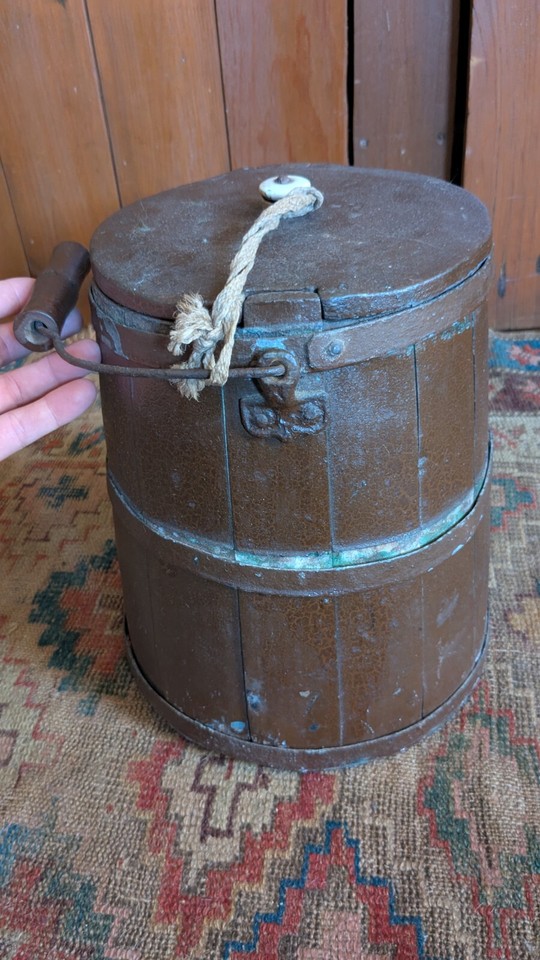 Antique Early Primitive Wood Piggin Storage Firkin Bucket w/ Lid Old ...