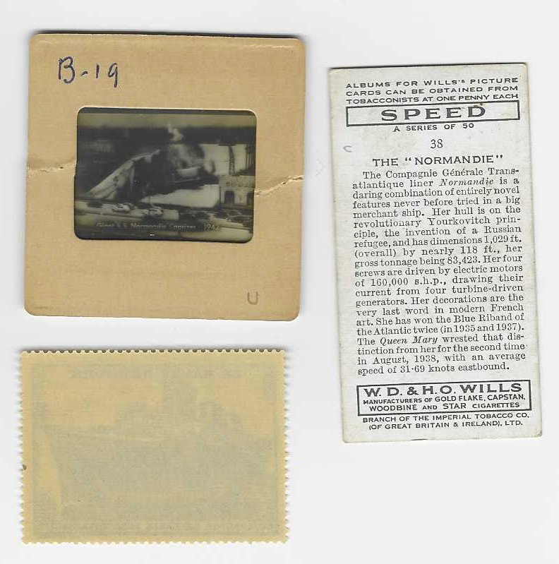 "Normandie" 4 Items: Cig. card, Stamp, 35mm Slide of sinking + picture ...