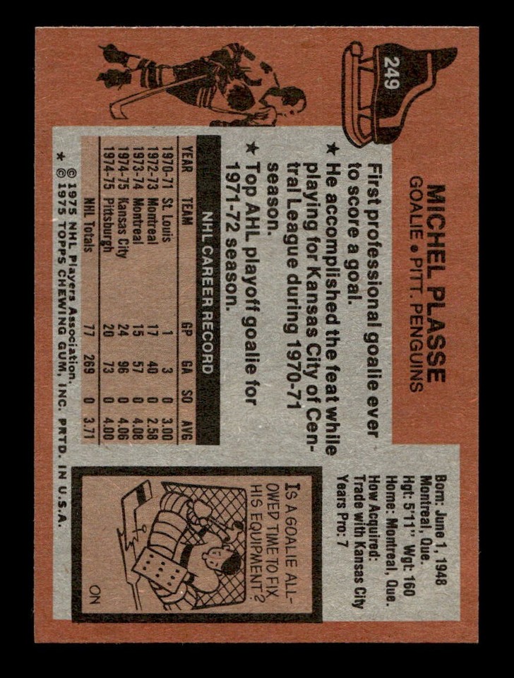 1975 76 Topps #249 Michel Plasse Penguins NEAR MINT *r6 | eBay