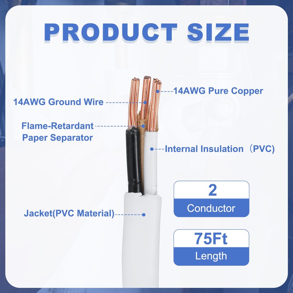 75Ft 14AWG 600V UL-Listed 14/2 NM-B Wire with Ground 2 Conductor (White ...