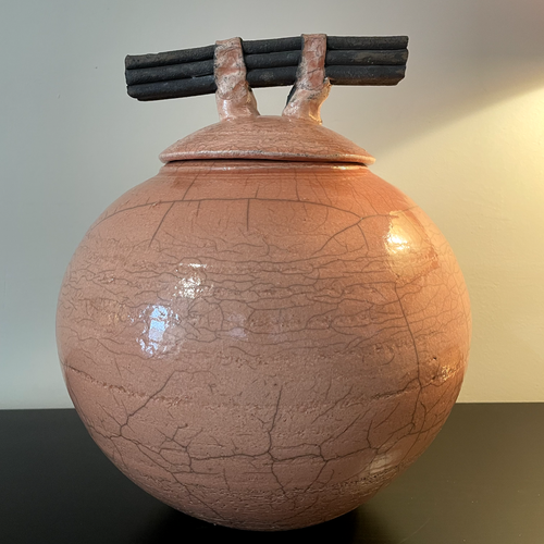 VTG Mark Hines RAKU STUDIO POTTERY VASE Lidded Pink Hollywood Regency ...