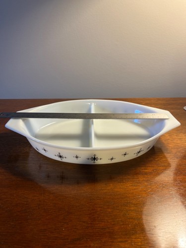 Vintage Pyrex Divided Dish White Milk Glass Black Atomic Star Pattern 1 ...