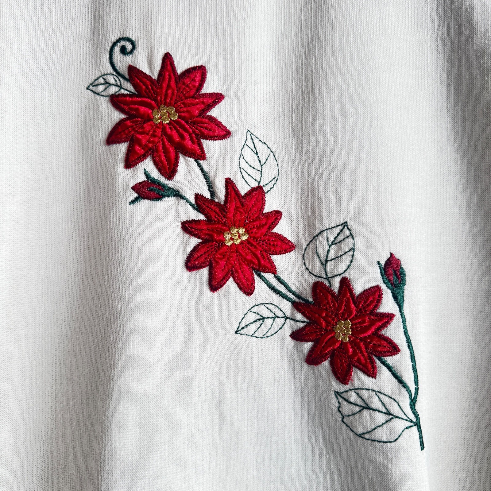 Vintage Poinsettia Embroidered Sweatshirt Women’s L Cream Basic Editions Holiday | eBay