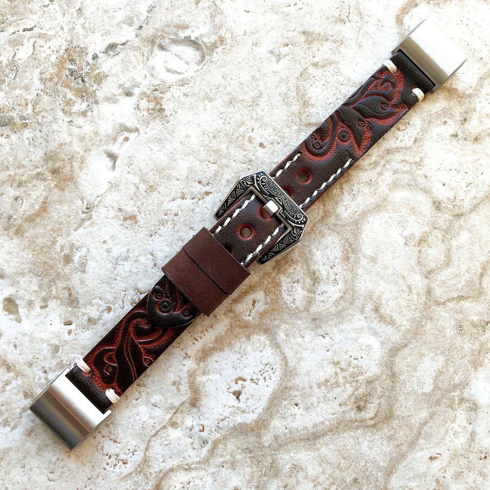Dark Brown Embossed Handmade Leather Watch Band Strap for Fitbit Charge ...