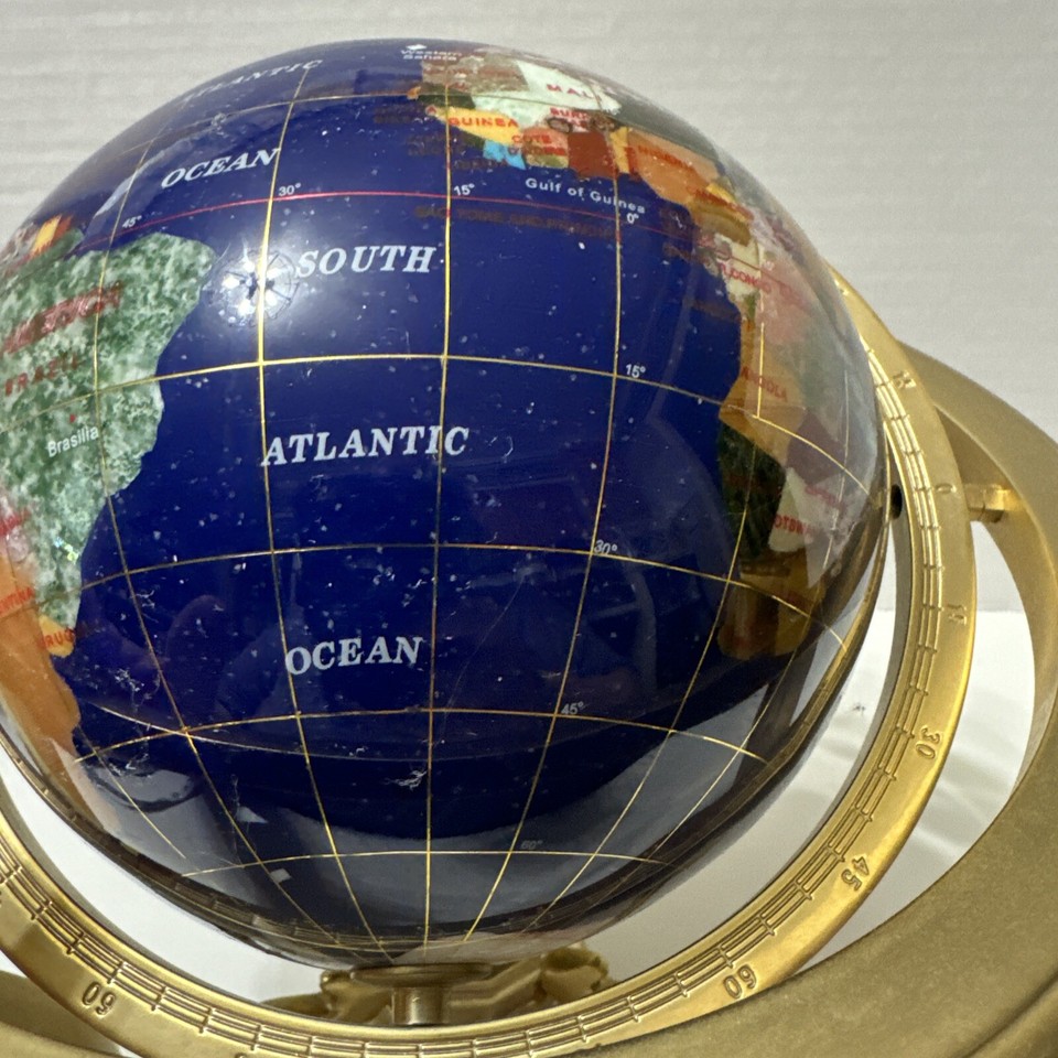 LARGE 12" x 12 Gemstone World Globe Compass Tripod Metal Footed Stand ...