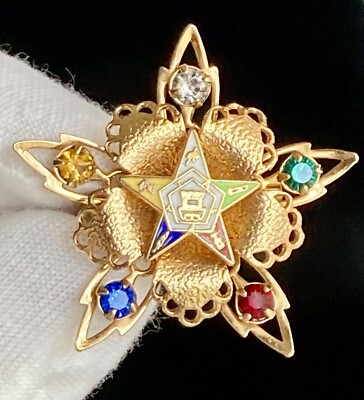 Vintage Order of Eastern Star Pin Gold Tone Rhinestone Enamel Multi ...