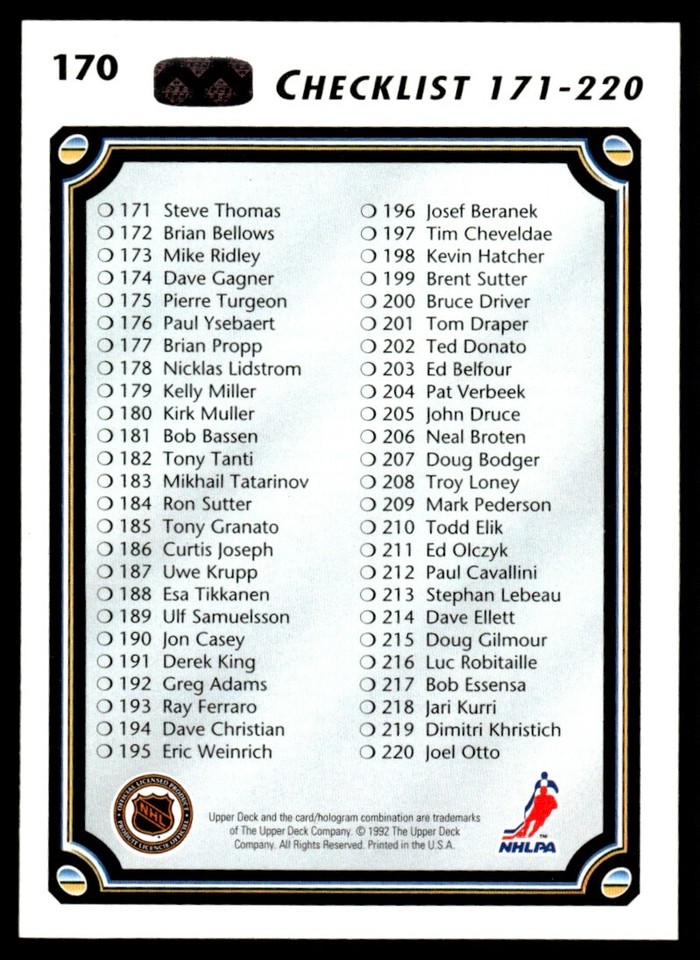 1992-93 Upper Deck Unmarked #170 Checklist 111-220 | eBay