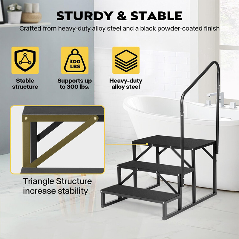 3 Steps Ladder RV Step w/ Handrails Mobile Home Stairs for Travel ...