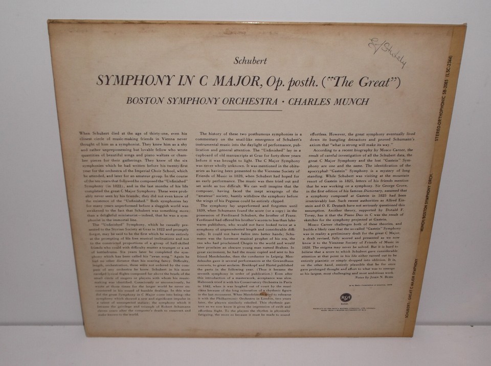 SB-2085 Schubert Great C Major Symphony Boston Sym Orch Charles Munch ...