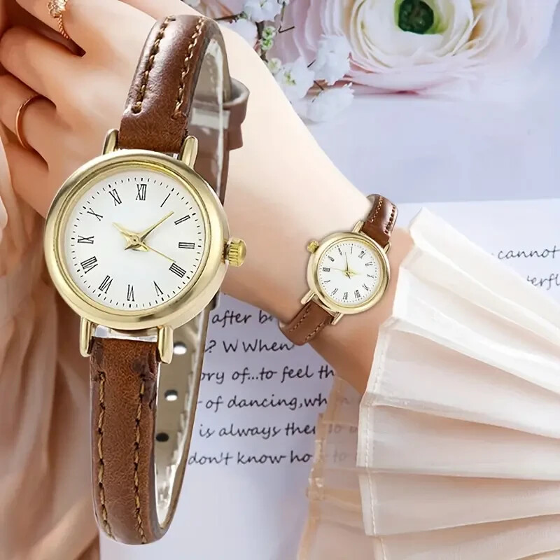 Brown Retro Roman Quartz Analog Watch Timepiece Classic PU Leather ...