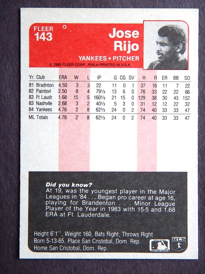 Jose Rijo #143 Fleer 1985 Baseball Card (New York Yankees) | eBay