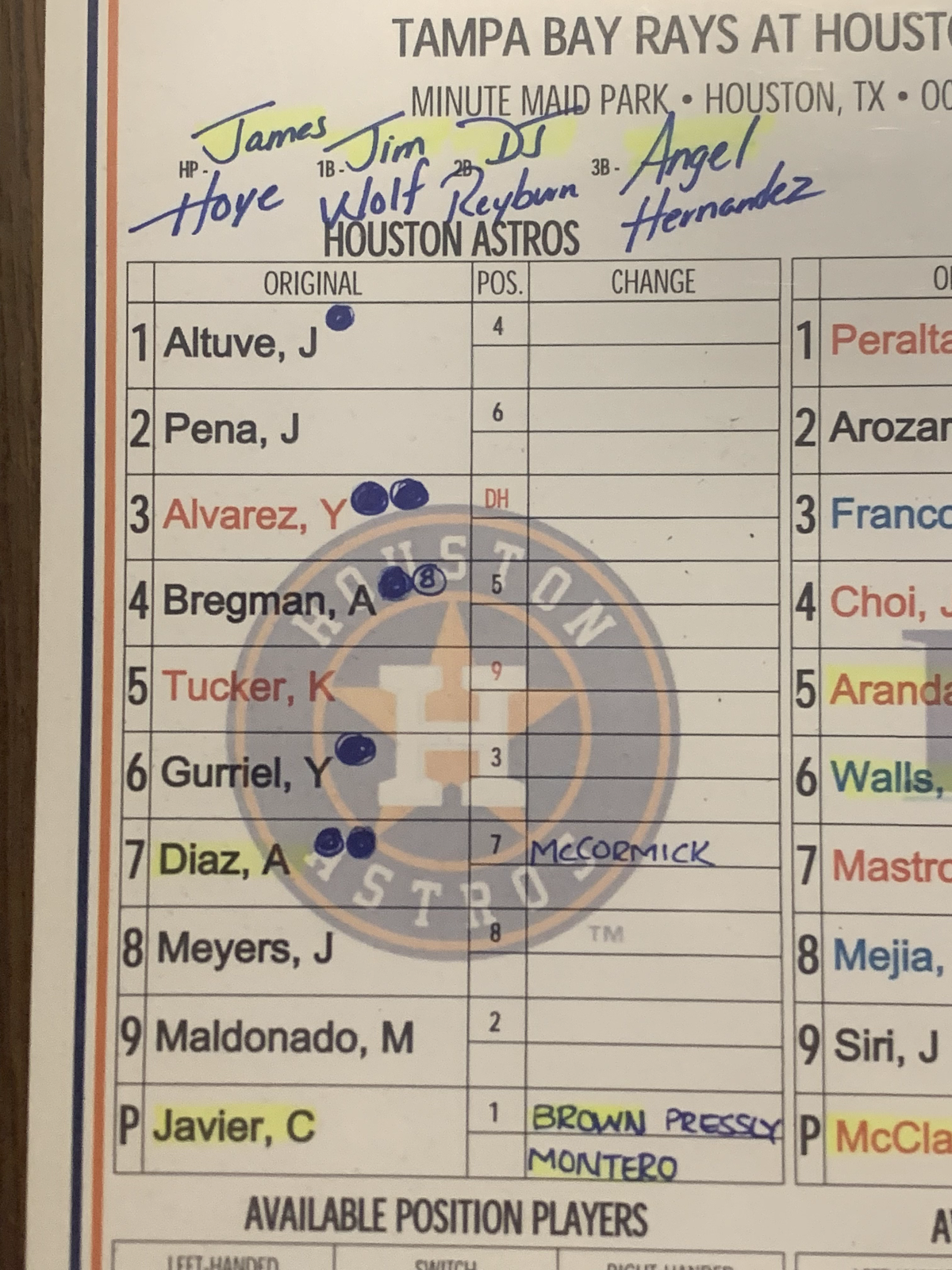 Tampa Bay Rays at Houston Astros Game Used Lineup Card 10/01/22 ...