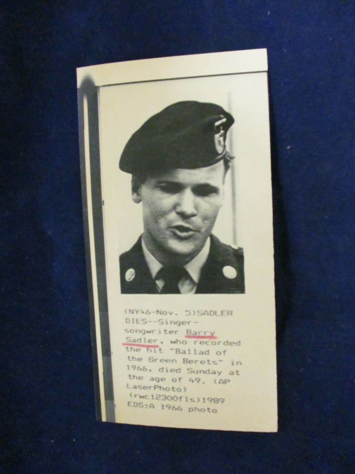 Wire Press Photo 1989 Barry Sadler 66' photo "Ballad of the Green ...