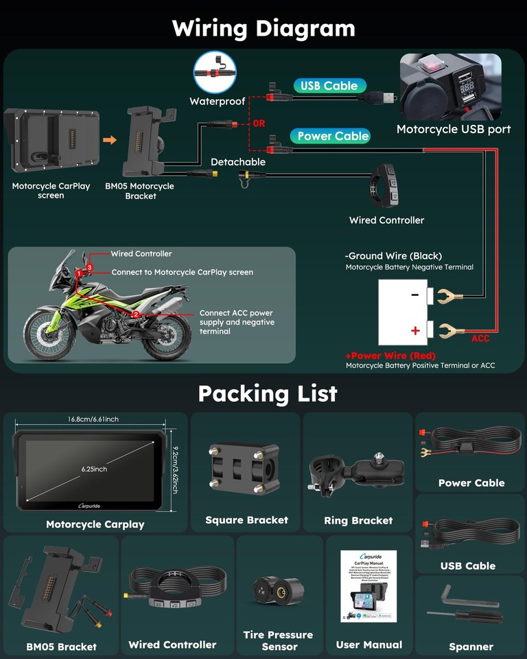 Carpuride 6.25" Motorcycle CarPlay with Type-C, TPMS, Bluetooth, GPS ...