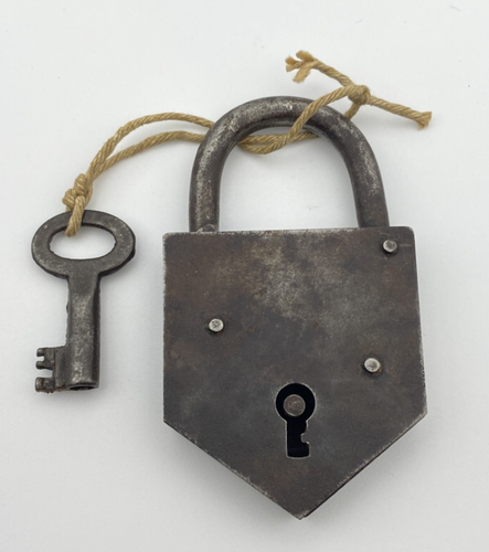 Vtg FRENCH PADLOCK Lock UNIQUE PENTAGON SHAPE Original SKELETON KEY ...