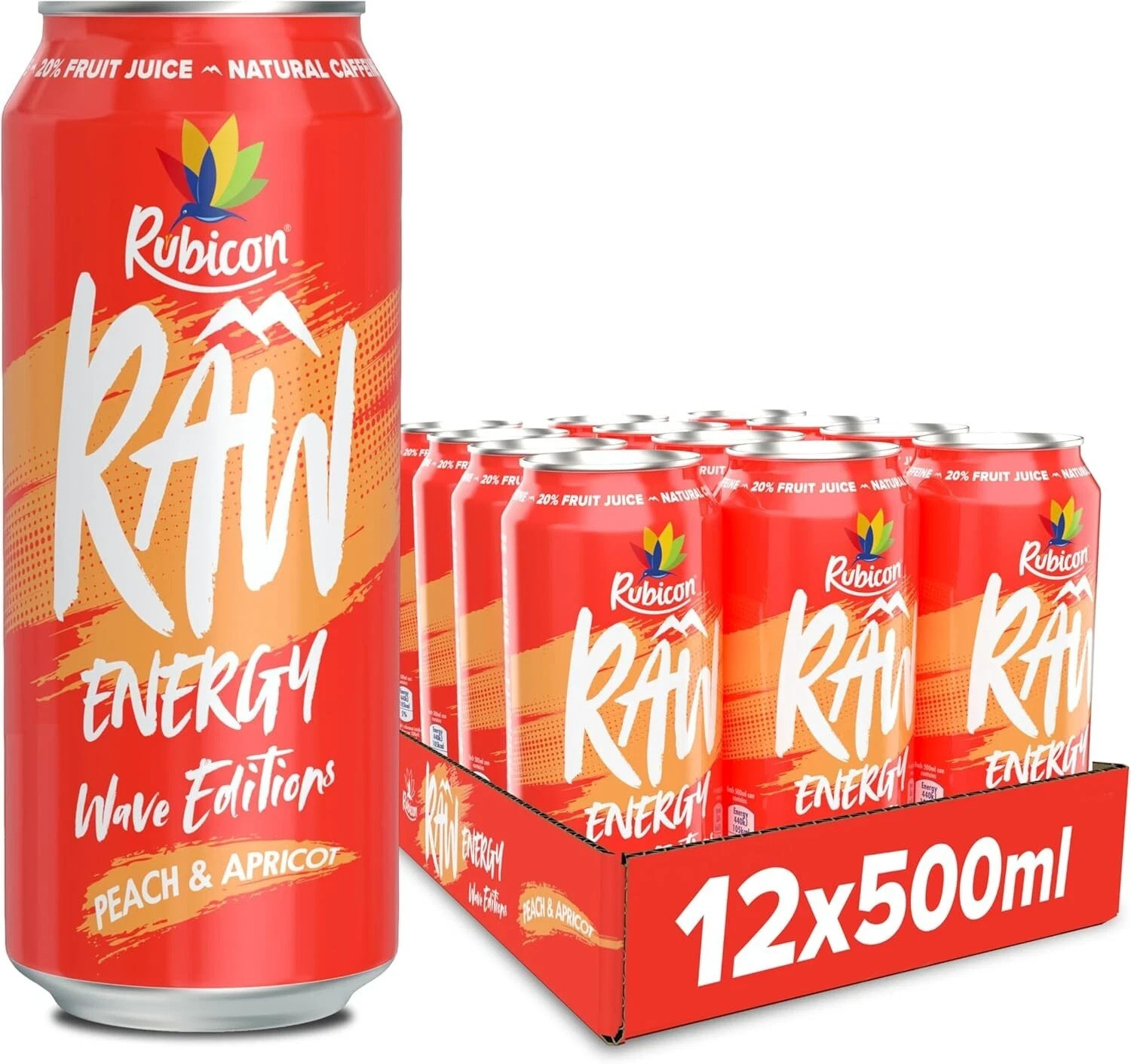 RUBICON RAW ENERGY WAVE EDITIONS PEACH & APRICOT FLAVOUR 12 X 500ML.BBD ...