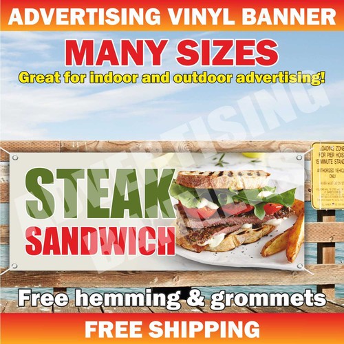 STEAK SANDWICH Advertising Banner Vinyl Mesh Sign Flag Sub Burger Bar ...