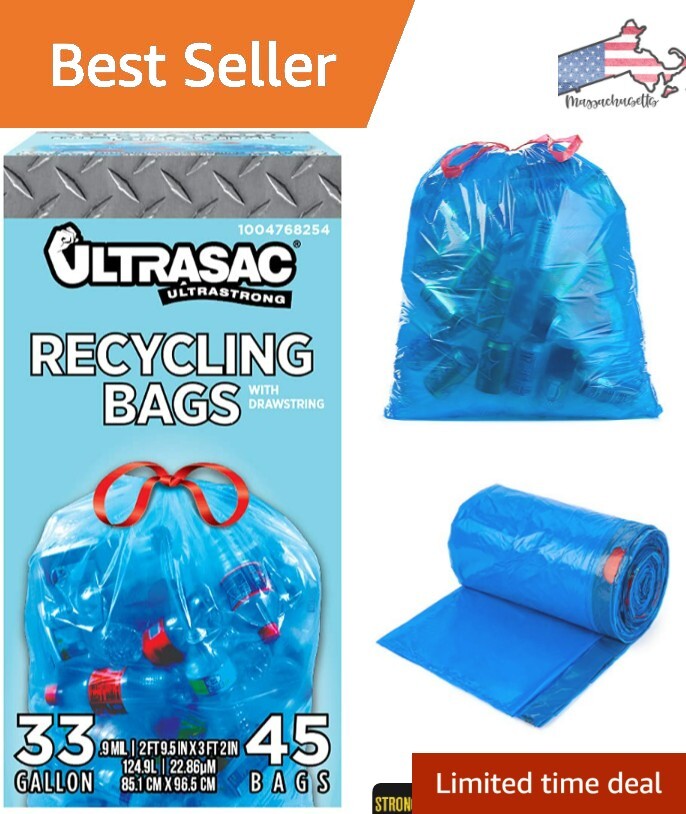 Heavy Duty Blue Recycling Bags - 33 Gallon, 0.9 MIL, Pack of 45, Made ...
