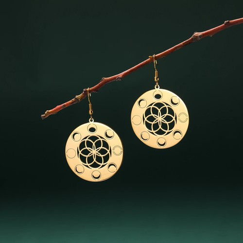 NewSeed of Life Moon Phase Round Dangle Earrings Stainless Steel Amulet ...