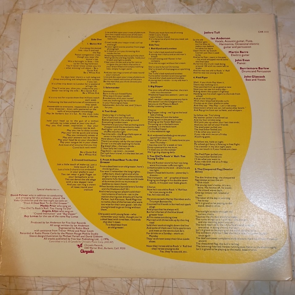 Jethro Tull Too Old For Rock And Roll Too Young To Die. VG+ Vinyl LP ...