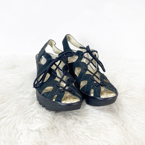 Fly London 39 EU 8.5 US Womens Black Leather Yapi Strap Gladiator Wedge ...