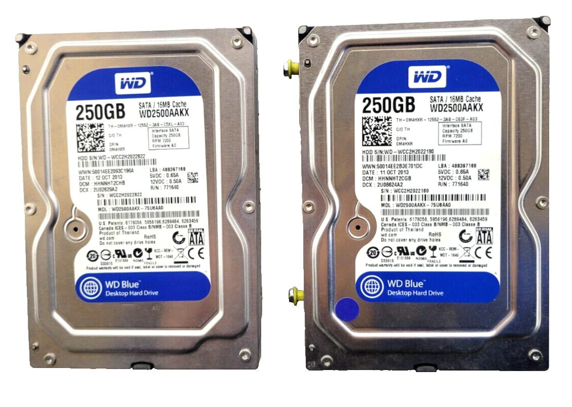 LOT OF 2 - WD 250GB SATA 16MB Cache WD2500AAKX 0M4HXR DESKTOP HARDDRIVE ...