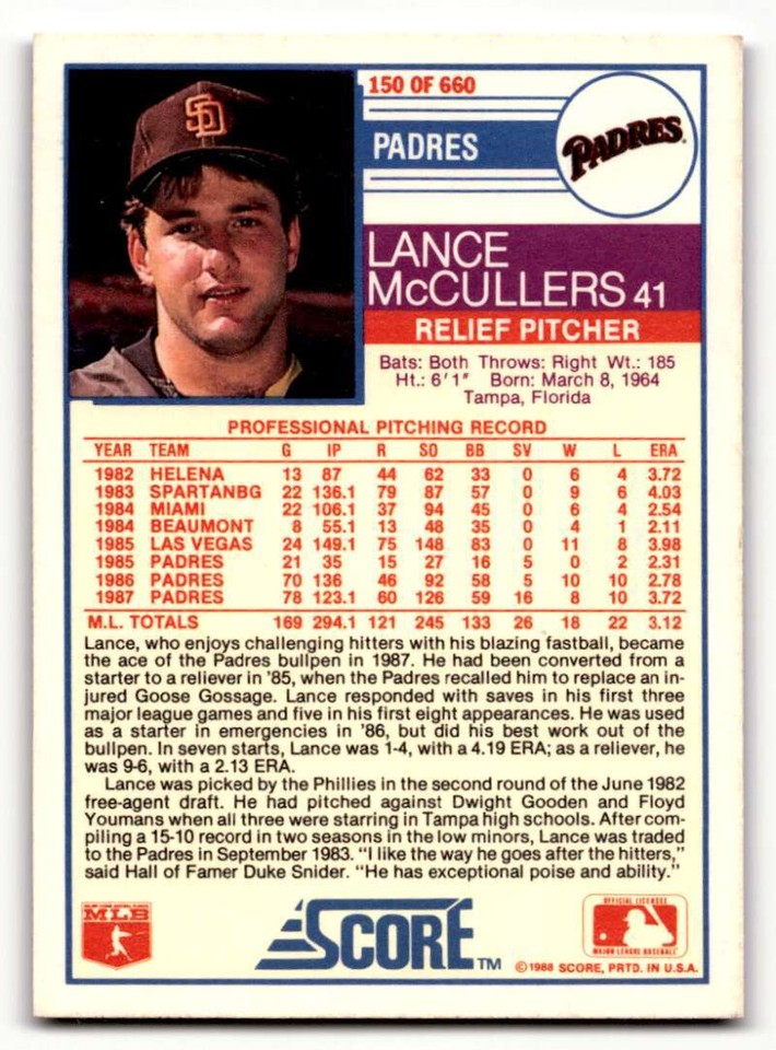 1988 Score #150 Lance McCullers San Diego Padres Baseball Cards EX/N ID ...