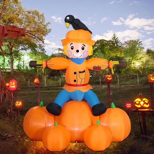 5FT Fall Day Inflatable Decoration, Lighted Air Blown Scarecrow Sitting ...