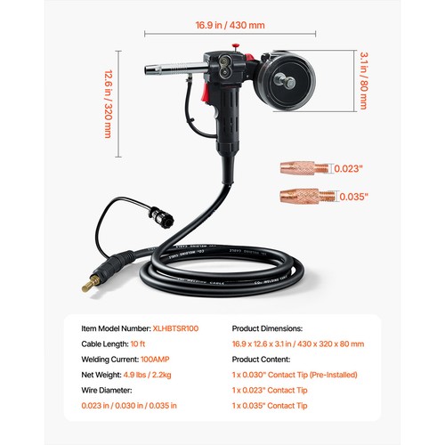 100Amp Spool Gun with 10FT Cable Suitable for 0.023" 0.030" 0.035 ...