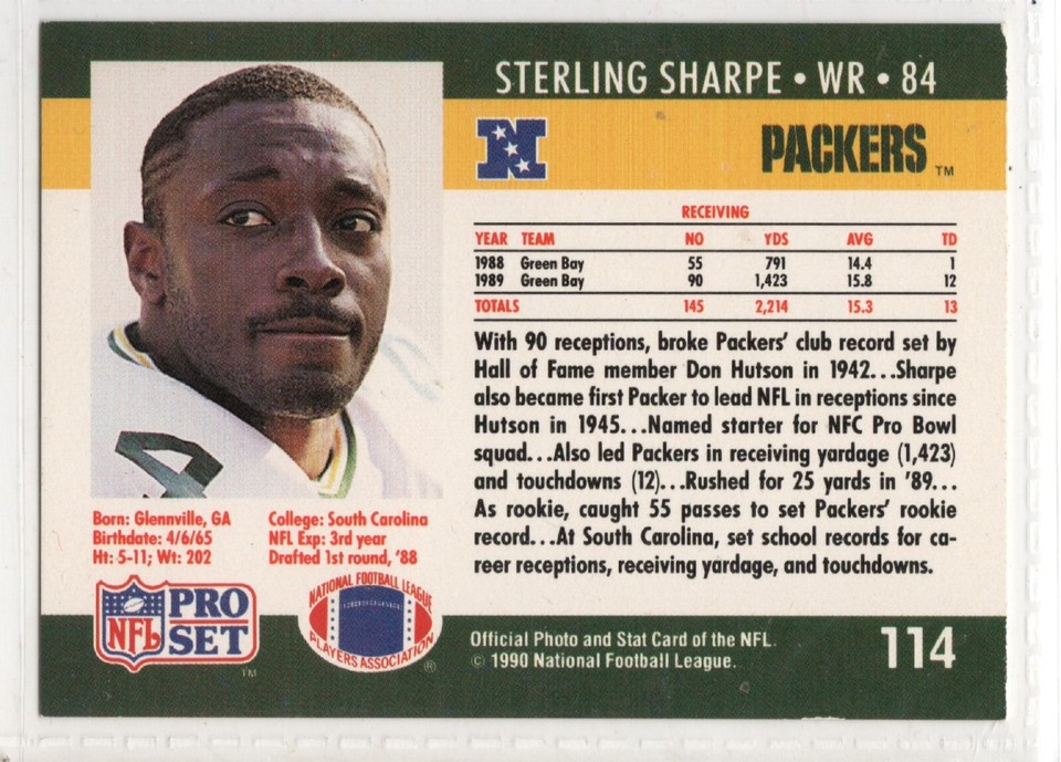 1990 Pro Set Football Card #114 Sterling Sharpe - Green Bay Packers | eBay