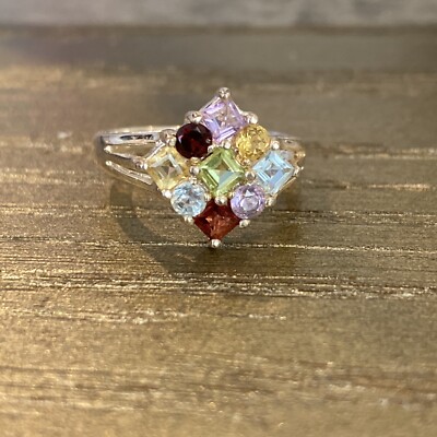 Vintage Sterling Silver .925 Signed HAN Multicolor Stones Ring Size 7. ...