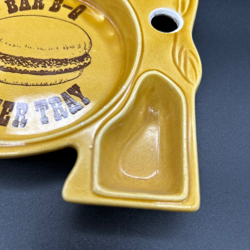 Vtg Hamburger Plate Bar B-Q Burger Tray Ceramic Cow Condiment Ketchup ...