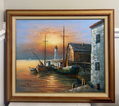 Max Savy Original Framed Oil Canvas Painting Seascape Lighthouse Signed ...