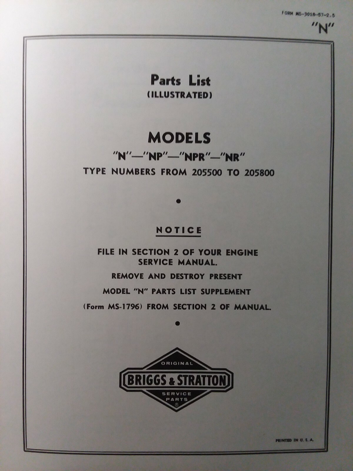 Briggs & Stratton model N NP NPR NR Horizontal Gas Engine Parts Catalog ...
